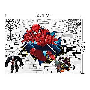 White Brick Wall Spiderman Photo Background Polyester Superhero Cityscape Spider Web for Children Baby Boys Birthday Party Banner Decorations Baby Shower Supplies (7x5 Ft)