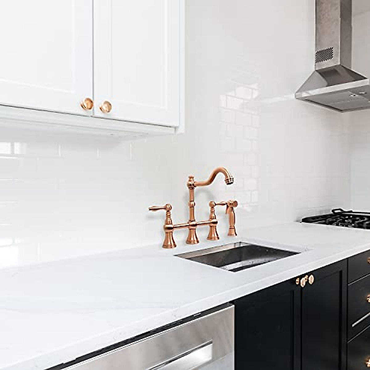 Two-Handles Copper Bridge Kitchen Faucet with Side Spray - 5 Years Warranty …