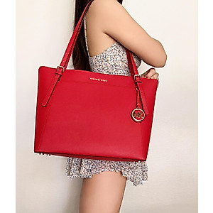 Michael Kors Voyager Large East West Tote Front Snap Pocket Top Zip Shoulder Bag Leather (Flame)