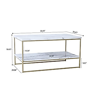 roomfitters 35” Faux Marble Coffee Table, Marble Top Rectangular Coffee Table, Center Table with Gold Metal Frame, 2 Tier Living Room Table, Cocktail Table with Storage for Living Room