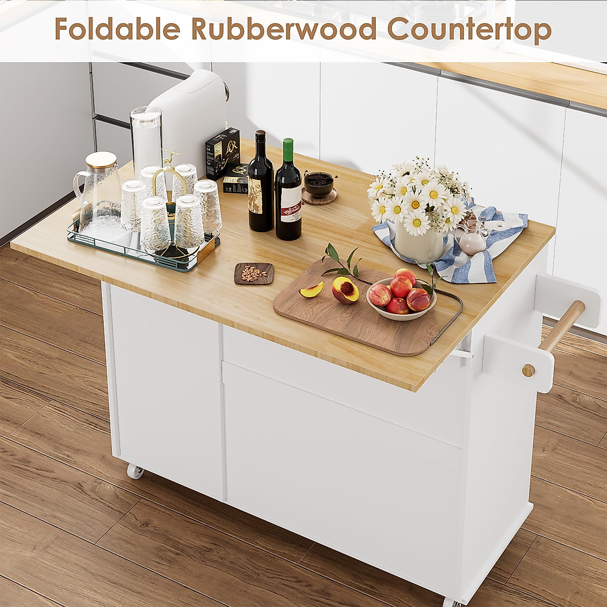 BOTLOG Kitchen Island with Storage, Island Table on Wheels with Drop Leaf, Spice Rack, Drawer, Towel Rack, Rolling Kitchen Island Cart for Dinning Room, White 15.7-27.55" D x 47.63" W x 35.43" H