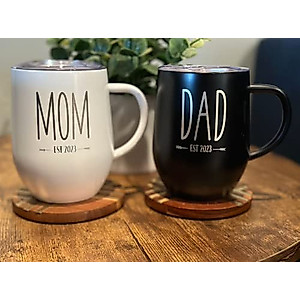 Pregnancy Gift Est 2023- Mom Est 2023 DAD Est 2023 ENGRAVED Stainless Steel Coffee Tumblers - Gift Set for New Parents to Be-Baby Shower Gifts for Parents -Mom and Dad Mugs for Expecting Parents