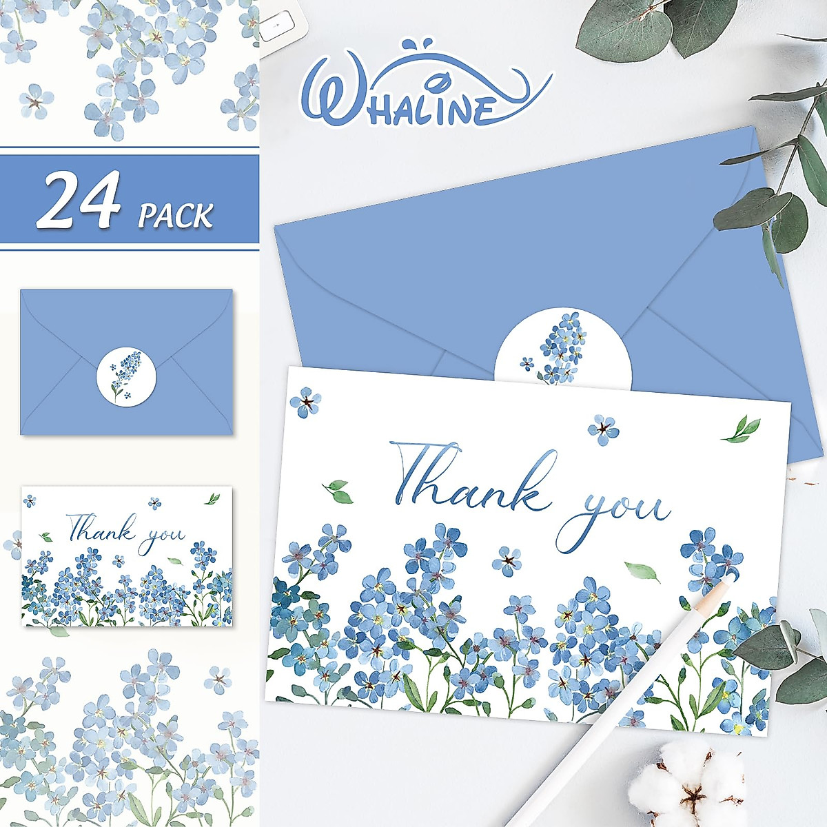 Whaline 24 Pack Watercolor Floral Thank You Cards Bulk Forget-Me-Not Myosotis Sylvatica Flower Greeting Cards with Envelope Sticker Blank Note Cards for Wedding Baby Shower Bridal Birthday Party