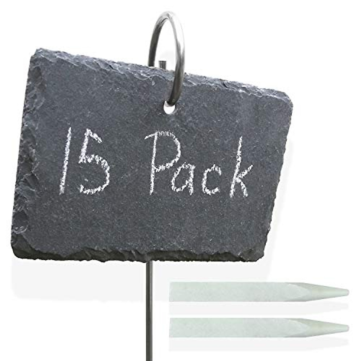 LSP - Products 15 Pack Plant Label Markers, Natural Slate Hanging Garden Markers with 15 Stainless Steel Rods and 2 Pack Soapstone Chalk for Labelling of Plants, Herbs, & Vegetables