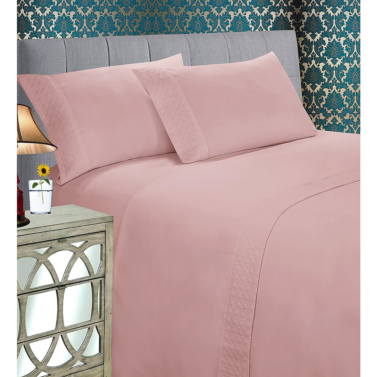 Elegant Comfort Luxury Best, Soft Coziest 4-Piece Bed Sheet Set! 1500 Premier Hotel Quality |Quilted Design on Flat Sheet and Pillowcases| Wrinkle Free, 100%, Queen, Dusty Rose