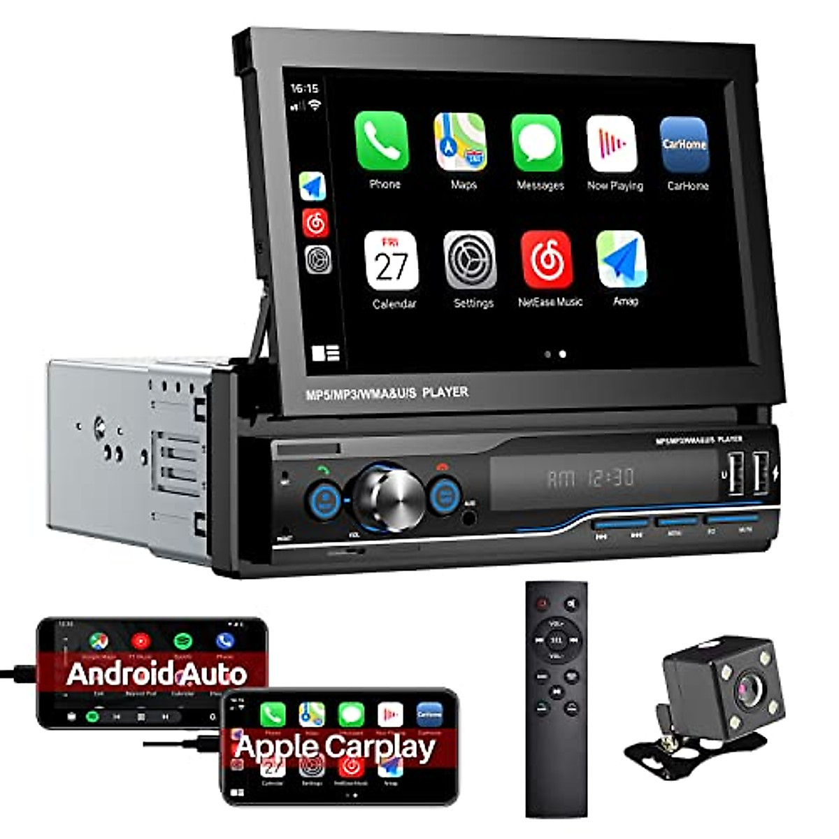 ESSGOO Car Stereo Single Din 7 Inch Flip Out Capacitive Touch Screen MP5 Player Car Radio Compatible with Apple CarPlay and Android Auto Support Bluetooth SWC Mirror Link FM Radio+Rearview Camera…