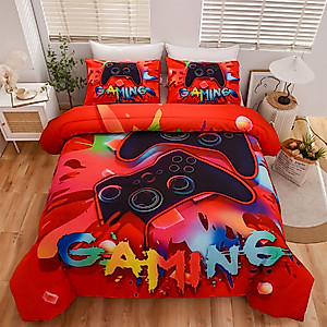 Aimuan Gaming Comforter Sets for Boys Kids Bedding Sets Video Games Console Action Buttons Novelty Colorful Game Gamepad Controller Modern Gamer Room Decor Home Quilt Set (Twin, Red)