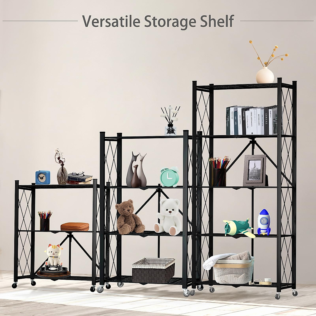 Yuanjimi 3 Tier Foldable Storage Shelf with Wheels, Heavy Duty Garage Shelving Unit Loads 550 LBS, Metal Steel Collapsible Shelves, Rolling Standing Utility Rack for Kitchen, Pantry, Office, Black