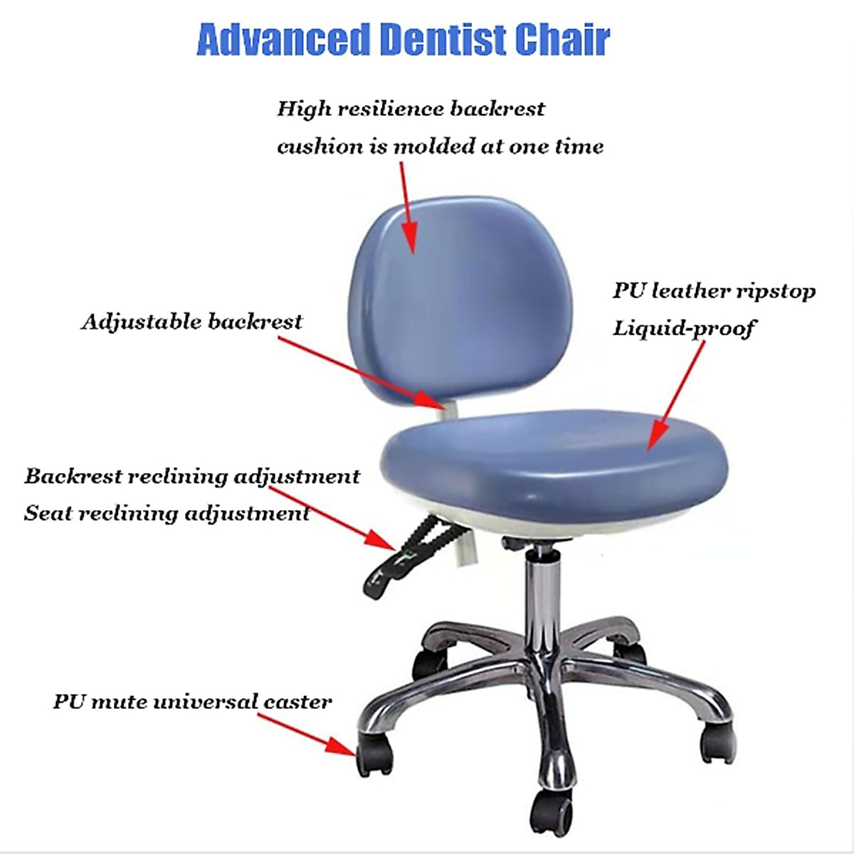 SFKLYU Adjustable Dental Medical Chair Dentist Doctor's Stool Ergonomic Dentist Chair with Backrest PU Leather,Light Blue,A