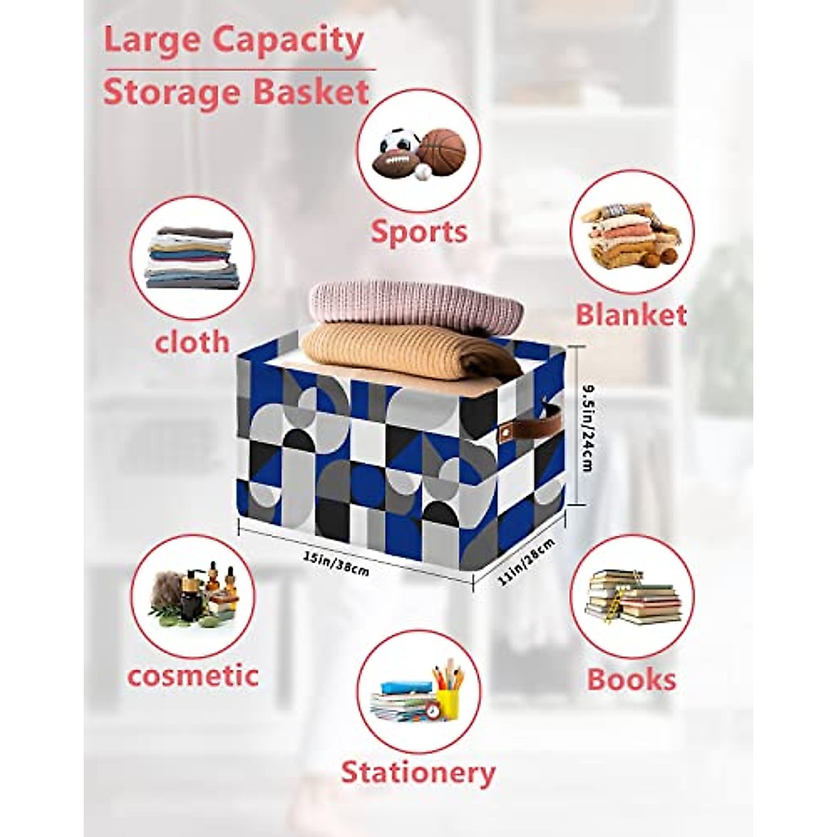 Storage Cubes Organizer with Handles, Rustic Ombre Nordic Geometry Storage Bins Fabric Collapsible Storage Baskets for Shelf Cloth Organizers Box 2pcs Blue and Gray Abstract Middle Age