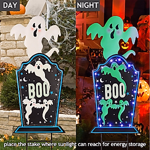Joliyoou Halloween Yard Stake, 26.4" Solar Lighted Metal Tombstone with Glow in The Dark Ghosts, 18 LED Purple Lights Spooky Yard Sign for Outdoor Front Door Yard Lawn Garden Decors