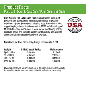 Only Natural Pet Lubri-Ease Plus Advanced Hip & Joint Supplement Glucosamine, Chondroitin & MSM Formula for Dogs and Cats - 90 Chewable Tablets