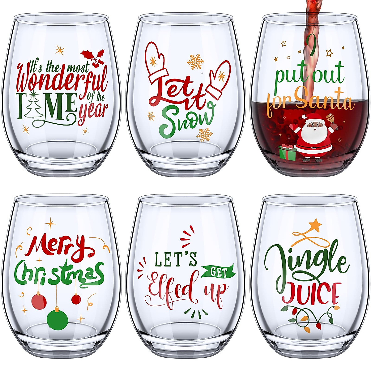 Funtery 6 Pcs Christmas wine Stemless Glass Funny Christmas Gift Set for Teacher Men Women Family Friend Coworker, Gift Ideal Christmas Birthday Wedding Party Supplies(Rich Style)