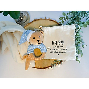 Baby Wooden Rattle Teething Ring, Baby Rattles 0-6 Months, Baby Montessori Newborn Toys, Stuffed Animal Gift for Baby Boy, Baby Teddy Bear (Blue)