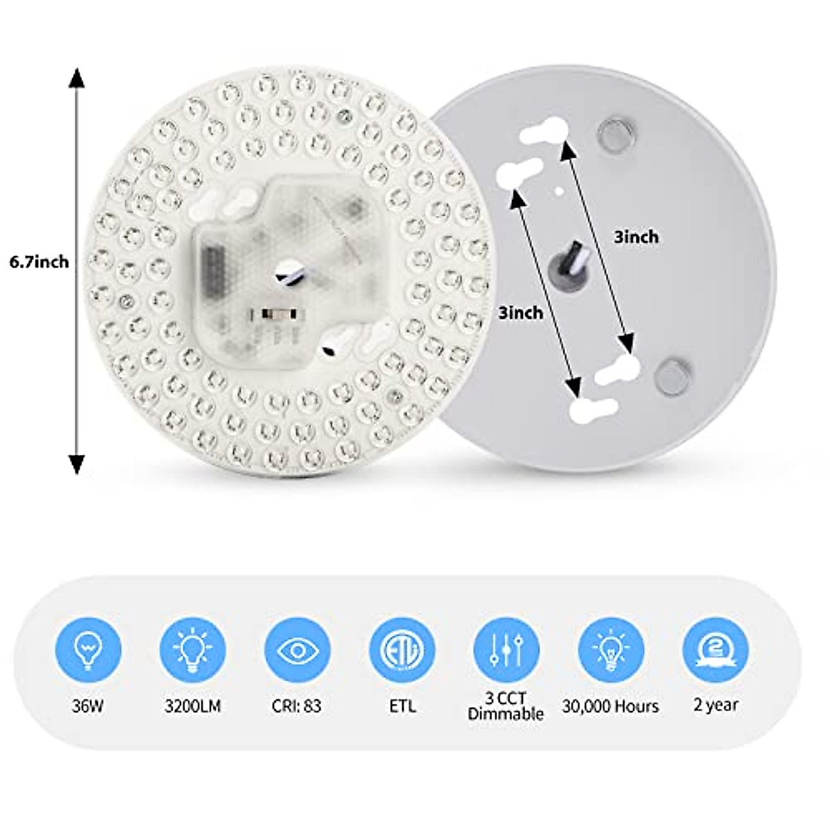 Temgin 1 Pack 7in 36W Dimmable LED Engine Retrofit Kit for Ceiling Fan Lamp Replacement with 3200LM - Choose from 3CCT(3000K/4000K/5000K) for a Customized Lighting Experience, ETL Listed