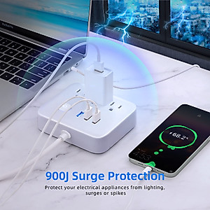 USB Flat Plug power strip]Extension Cord with 3 Outlets 3 USB Ports(Smart 2.1 A), 4ft Power Cord,UL Compact