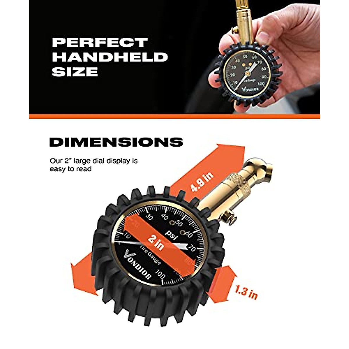 Vondior Tire Pressure Gauge (0-100 PSI) Heavy Duty, Certified ANSI Accurate with Large 2 Inch Easy to Read Glow Dial, Low - High Air Pressure Gauge. Tire Gauge for Car and Trucks Tires