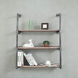 FODUE Industrial Wall Mount Iron Pipe Shelf Shelves Shelving Bracket Vintage Retro Black DIY Open Bookshelf DIY Storage Office Room Kitchen (3 Tier)