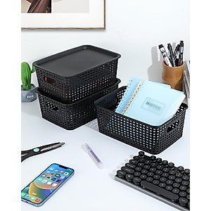 AREYZIN Storage Bins Plastic Storage Baskets With Lid Small Baskets for Organizing Stackable Storage Container Organizer Bins for Shelves Drawers Desktop Playroom Classroom Office, 6 Pack,Black