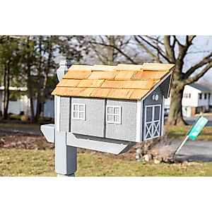 Wood Mailbox with Cedar Shake Roof and Magnetic Latch - Choose Your Color (Grey & Cedar Shake & White)