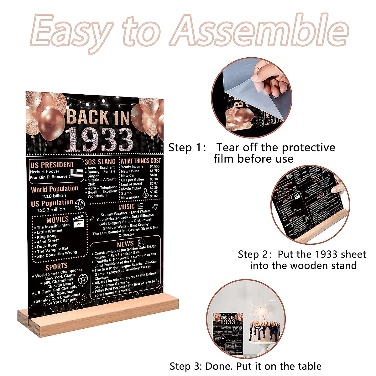 Trgowaul 90th Birthday Decorations Set: Includes Rose Gold Birthday Backdrop Banner 5.9 X 3.6 Fts, Rose Gold Back in 1933 Birthday Poster Acrylic Table Sign with Stand