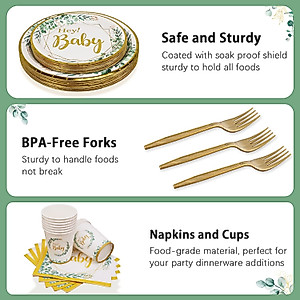 Heboland Sage Green Baby Shower Decorations Neutral Plates Set for 25 Guests, 125 Pieces of Paper Plates Cups Napkins Forks for Baby Shower Theme Party Supplies