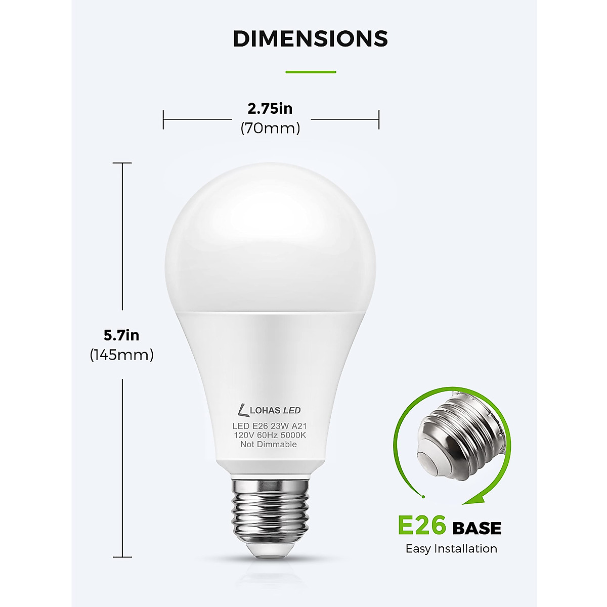 LOHAS Super Bright White LED Light Bulb, A21 23W(150-200Watt Equivalent), 2500 High Lumen, 5000K Daylight White, Garage Light Bulbs, E26 Porch Light Bulb, Non-Dim, No Flicker for Home Lighting, 2-Pack