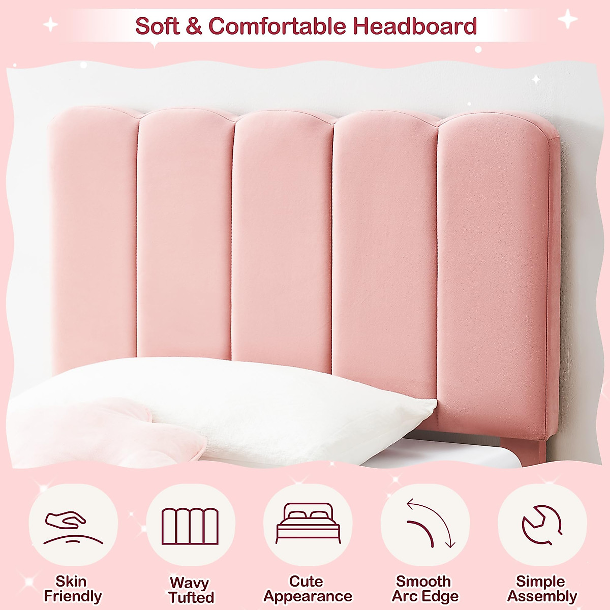 GAOMON Pink Twin Bed Frame, Velvet Upholstered Platform Bed Frame with Headboard, Strong Wooden Slats, Noise-Free,No Box Spring Needed, Easy Assembly (Pink)