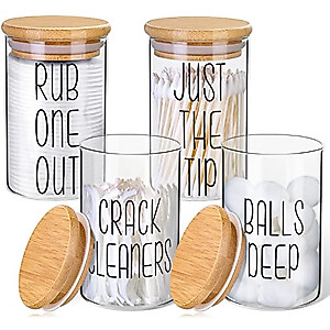 4 Pack Qtip Holder Glass Dispenser with Bamboo Lids for Bathroom Organization, Apothecary Jars for Cotton Ball Holder and Bathroom Canister Storage Great for Cotton Swabs, Balls, Floss, Bathroom Décor