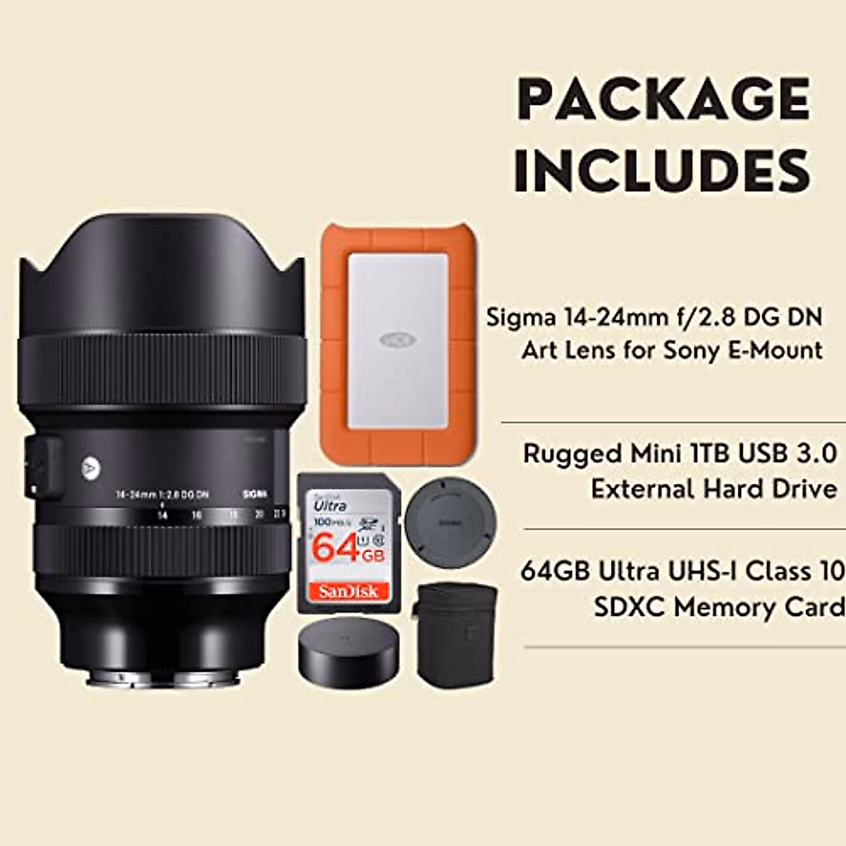Sigma 14-24mm f/2.8 DG DN Art Lens for Sony E-Mount with 1TB Hard Drive and 64GB SD Card Bundle (3 Items)