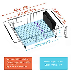 iPEGTOP Expandable Deep & Large Dish Drying Rack, Over The Sink, in Sink Or On Counter Dish Drainer Basket Shelf with Black Removable Utensil Silverware Holder, Rustproof Stainless Steel