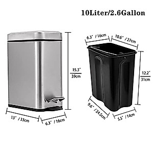 CAMTCHER Slim Trash Can Stainless Steel 2.6 Gallon / 10 Liter Rectangle Step Trash Can, Soft Close, Removable Plastic Bucket (2.6 Gallons)