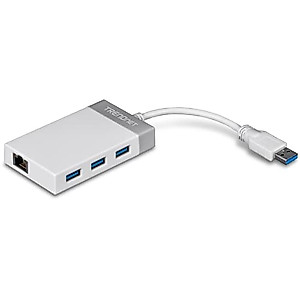 TRENDnet 3-Port USB 3.0 Hub, TU3-ETGH3, Compact USB to Ethernet Adapter, 3 x USB 3.0 Ports, 1 x RJ-45 Gigabit Ethernet Port, Supports XP, Vista, Windows, Mac OS 10.6-10.9, Nintendo Switch, White