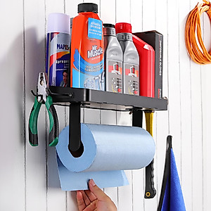 YIGII Garage Paper Towel Holder with Shelf - Wall Mount Paper Towel Holder with 4 Hooks, Single-Hand Tear Paper Towel Rack Heavy Duty Tissue Holder for Clean Station, Craft Room, Workbench (Black)