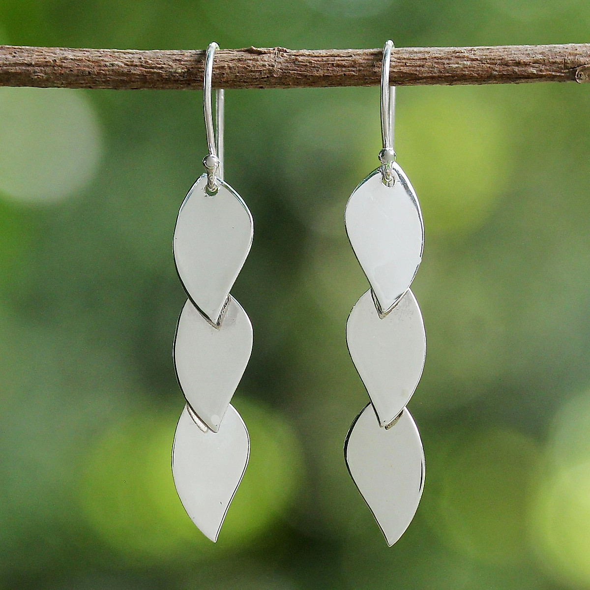 NOVICA Artisan Sterling Silver Dangle Earrings Leaf Shaped from Thailand No Stone [1.9 in L x 0.3 in W] ' Romantic Leaves'