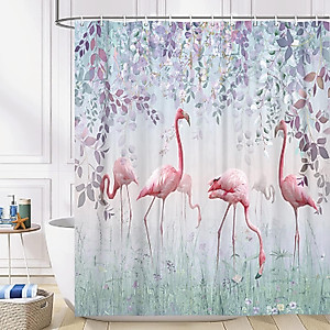 Hot Pink Flamingo Shower Curtain, Lavender Green Botanical Leaves Floral Fabric Shower Curtains Set for Women Bathroom Decorative, Plants Nature Restroom Decor Accessories with Hooks 72X72 Inch