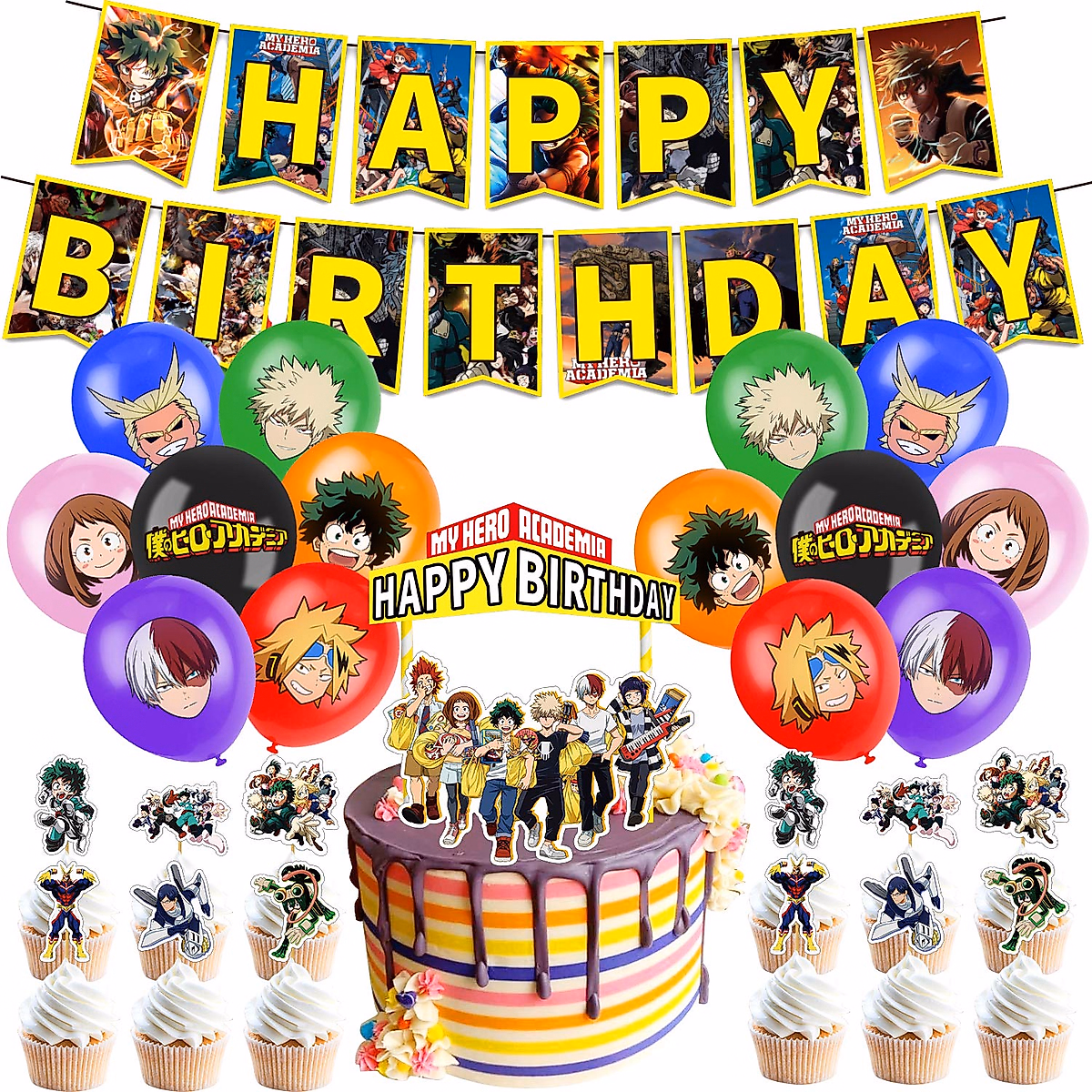 My Hero Academia Party Supplies, Birthday Decorations Set Including Balloons, Banner, Cake Toppers, Cupcake Toppers for MHA Fans Kids, MHA Theme Birthday Party Supplies