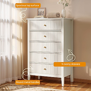 May in Color White Fluted 5 Drawer Dresser for Bedroom, Tall Chest of Drawers with Ball Bearing Slide, Waterproof Lacquered Desktop,Modern Wood Storage Cabinet for Living Room