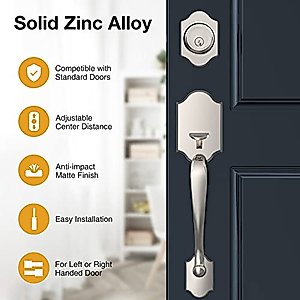 Brightify Satin Nickel Front Door Handle, Satin Nickel Door Handle with Door Lever, Modern Front Door Handle Set, Adjustable Deadbolt Lock Set with Single Cylinder, Reversible for Right&Left