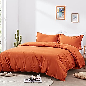 NexHome Burnt Orange Queen Washed Cotton Duvet Cover Set with Zipper Closure Soft Double Solid Blue Grey Color Bedding Duvet Cover 90x90 inches and Pillow Sham for All Seasons