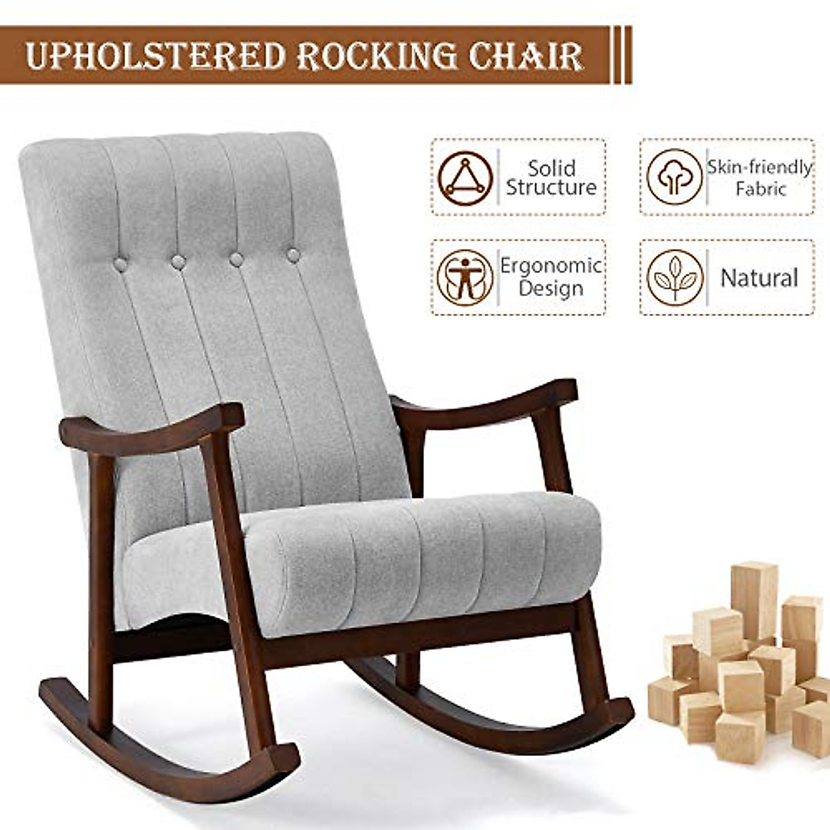 AVAWING Upholstered Rocking Chair with Fabric Padded Seat,Comfortable Rocker Solid Wood for Living Room,Modern High Back Armchair,Adult Single Sofa,Old Man Chair (Grey)