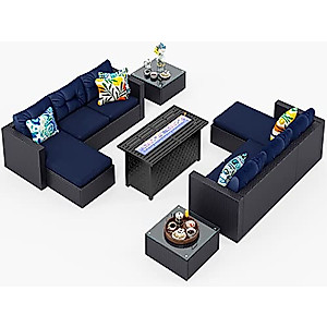PHI VILLA Patio Furniture Sectional Sofa 7-Piece 50000 BTU Propane Gas Fire Pit Outdoor Wicker Furniture Set Steel Fire Pit Table with No-Slip Cushions Furniture Covers, Blue