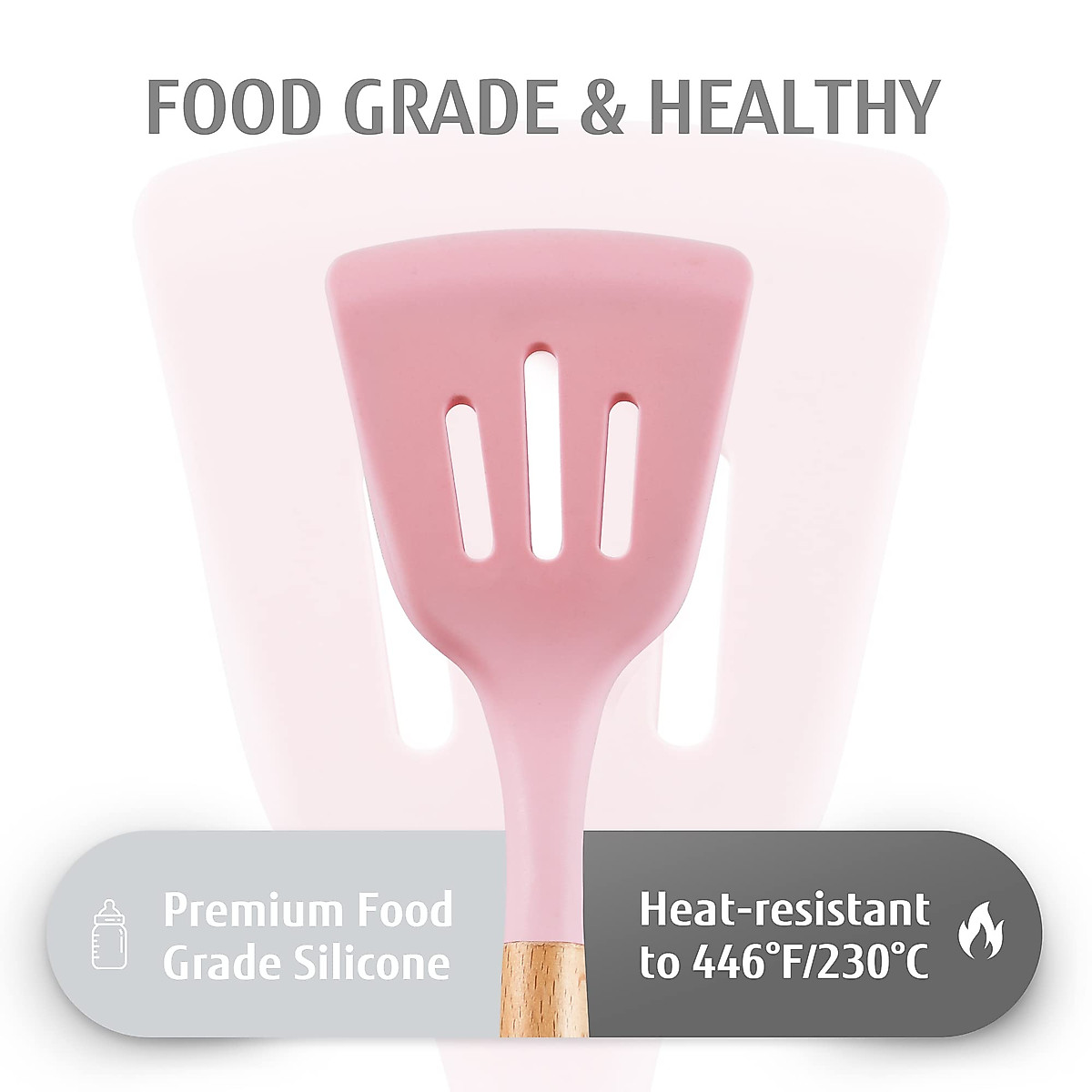 hecef Kitchen Utensils Set, 32 PCS Silicone Cooking Utensils Set with Stainless Steel Holder, 446°F Heat Resistant Food Grade Kitchen Gadgets Tools Set Wooden Handle for Nonstick Cookware (Pink)