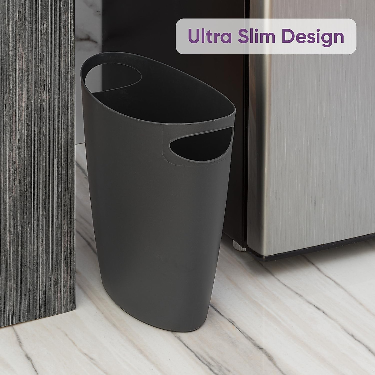 Superio Slim Bathroom Trash Can 2 Gallon Plastic Small Compact Waste Basket for Bedroom, Dorm, Under Office Desk, Narrow Portable RV Dustbin, 4 Grey
