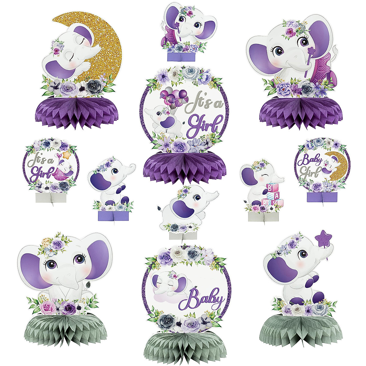 12Pcs Purple Floral Elephant Honeycomb Centerpieces It's a Girl Baby Shower Party Table Decorations Gender Reveal Little Peanut Cutout Welcome Baby Party Table Toppers Photo Props Decor for Baby Girls
