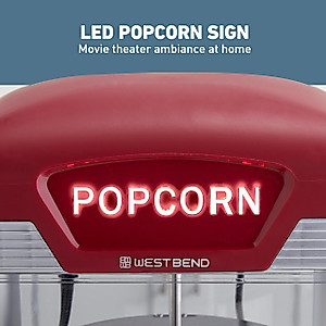 West Bend Stir Crazy Movie Theater Popcorn Popper, Gourmet Popcorn Maker Machine with Nonstick Popcorn Kettle and Popcorn Scoop for Popcorn Machine, 4 Qt., Red