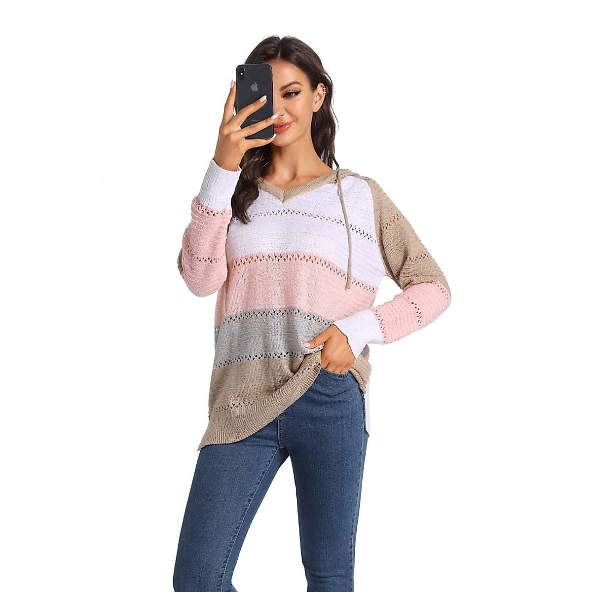 Vemodoo Women'S Hoodie Ladies Sweatshirts Lightweight Sweaters For Women Women's Color Block Knit Hoodies Sweaters V Neck Drawstring Lightweight Pullover Sweatshirts Khaki Large