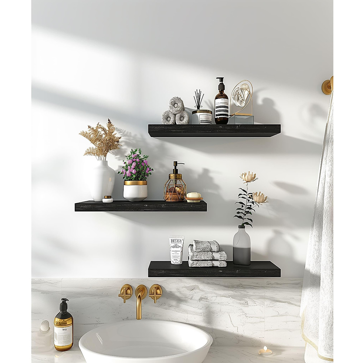 YYWUOJJ Wood Floating Shelves for Wall Decor, Rustic Wall Shelves for Bedroom Bathroom Kitchen Living Room, Set of 6 Black