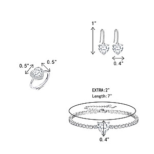 Crysdue Silver Heart Jewelry Set, Cubic Zirconia Dangle Earrings Open Ring Tennis Bracelet Birthday Anniversary Mothers Day Christmas Jewellery Gift for Women/Mom/Wife/Friend
