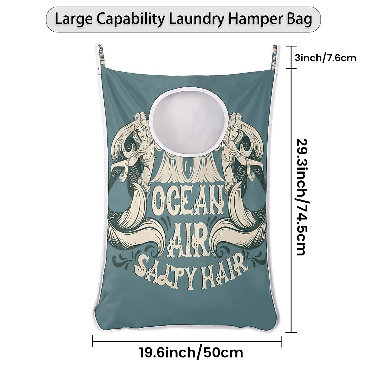 Ocean Mermaid Hanging Laundry Hamper large Wall Mounted Laundry Basket with Stainless Steel Hooks Laundry Room Organization and Storage Saving Space Over the Door Laundry Bag